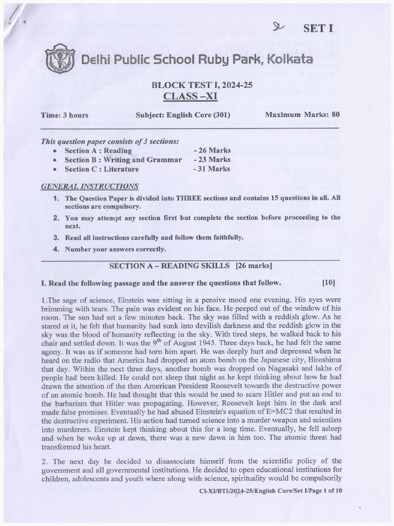 CL 11 BT1 English Core 2024-25 | PDF