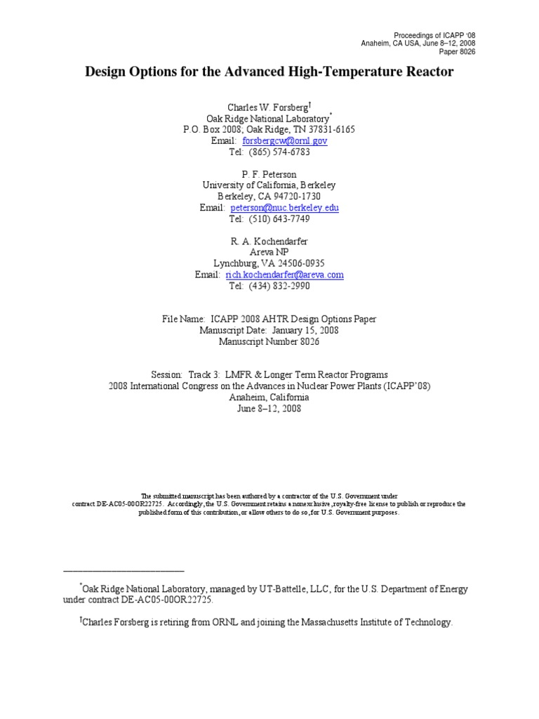 Design Options For The Advanced High-Temperature Reactor: Forsbergcw ...