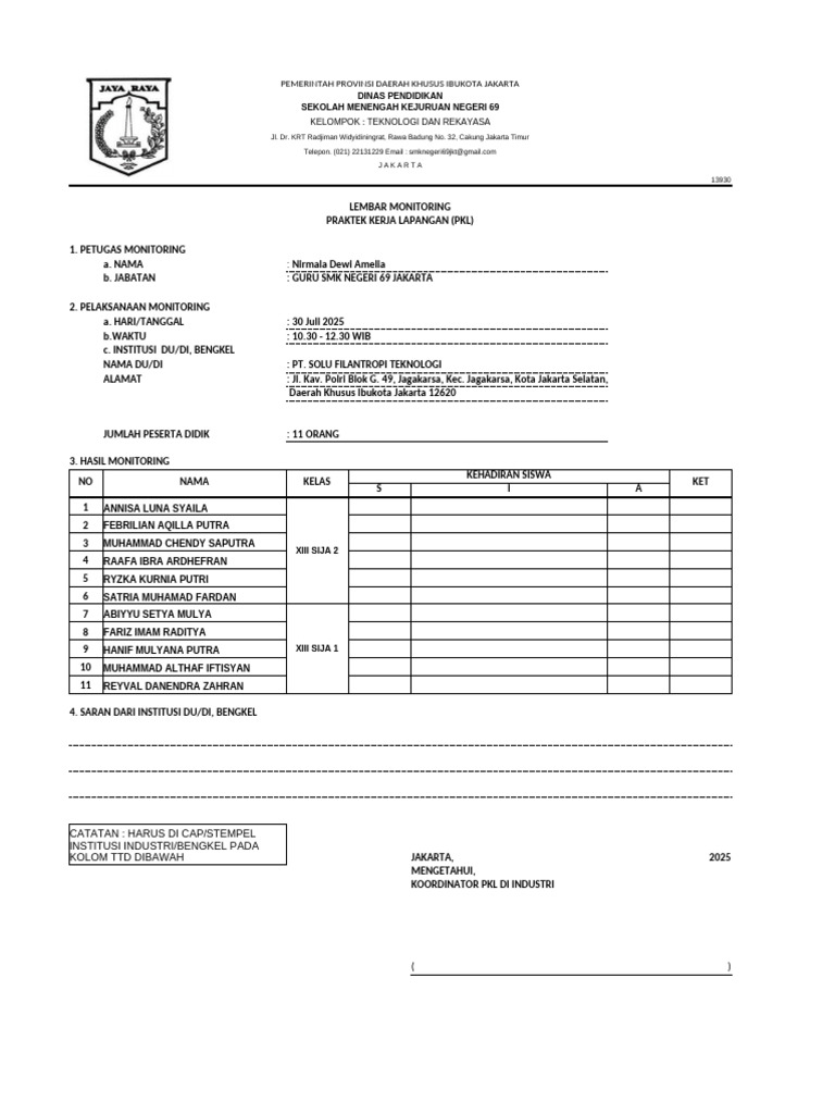 Monitoring PKL SMK Negeri 69 Jakarta | PDF