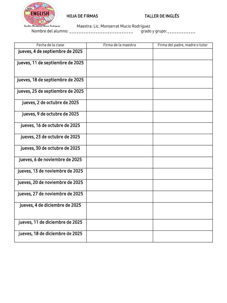 Hoja de Firmas Taller de Inglés | PDF