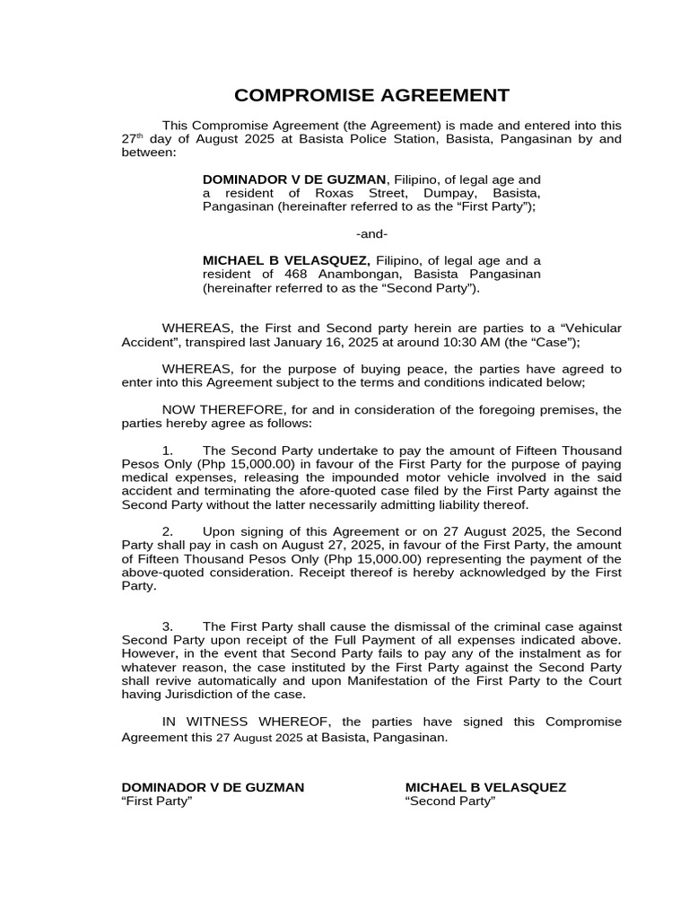 Compromise Agreement for Vehicular Accident | PDF | Justice | Crime ...