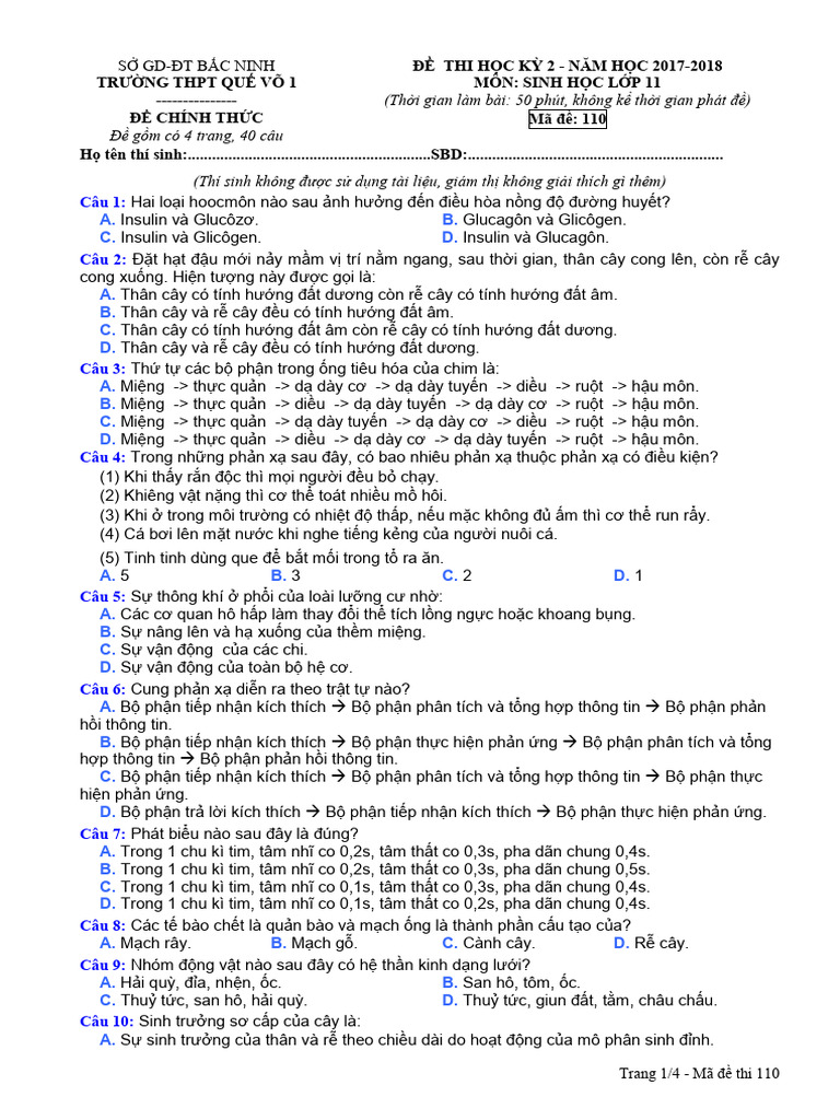 De Thi Hoc Ky 2 Sinh Hoc 11 Nam Hoc 2017 2018 Truong THPT Que Vo 1 Bac Ninh | PDF