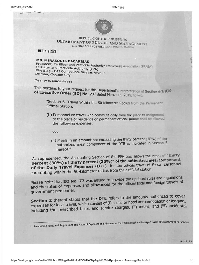 DBM Interpretation On Meal Allowance Under EO 77 | PDF