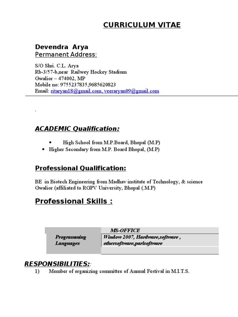 Curriculum Vitae: Devendra Arya | PDF | Career & Growth