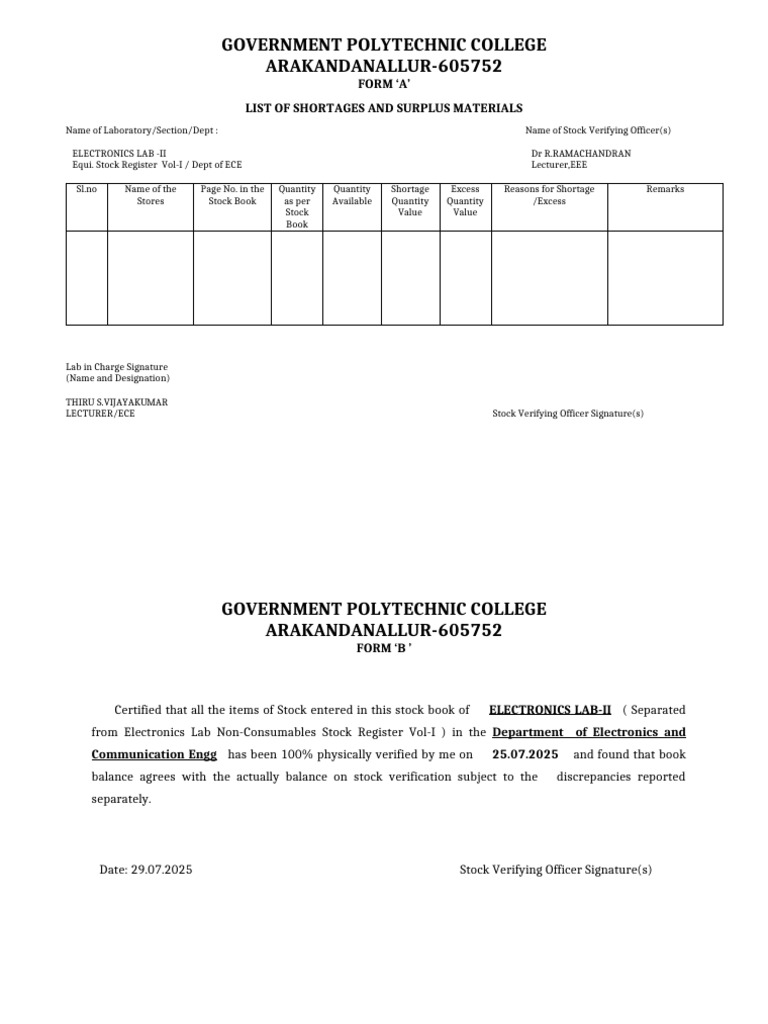 Stock Verification Report for ECE Lab | PDF