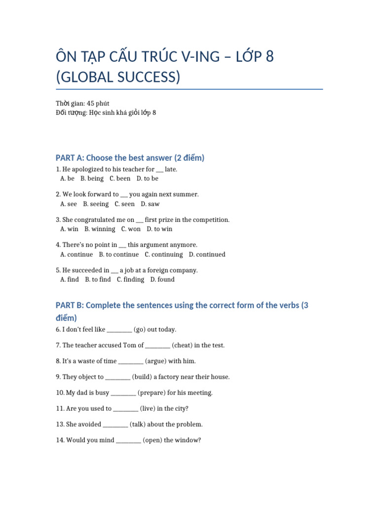 V-ing Structure Practice for Grade 8 | PDF