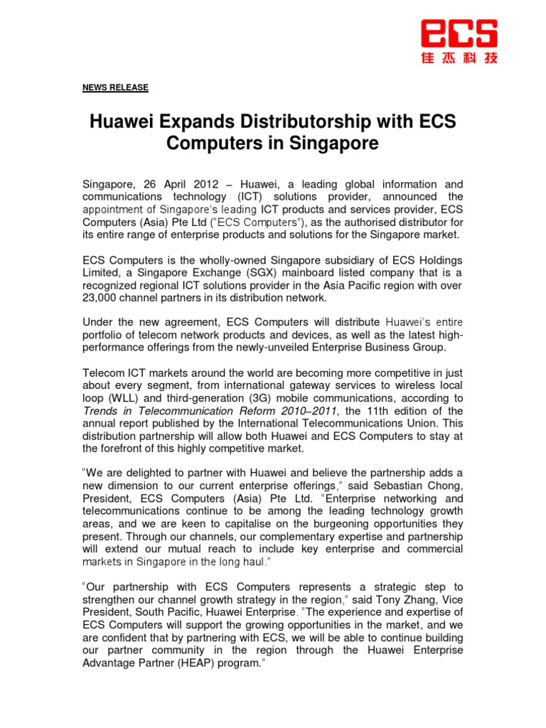 SGX-Listed ECS Holdings Huawei Expands Distributorship With ECS Computers in Singapore | PDF ...