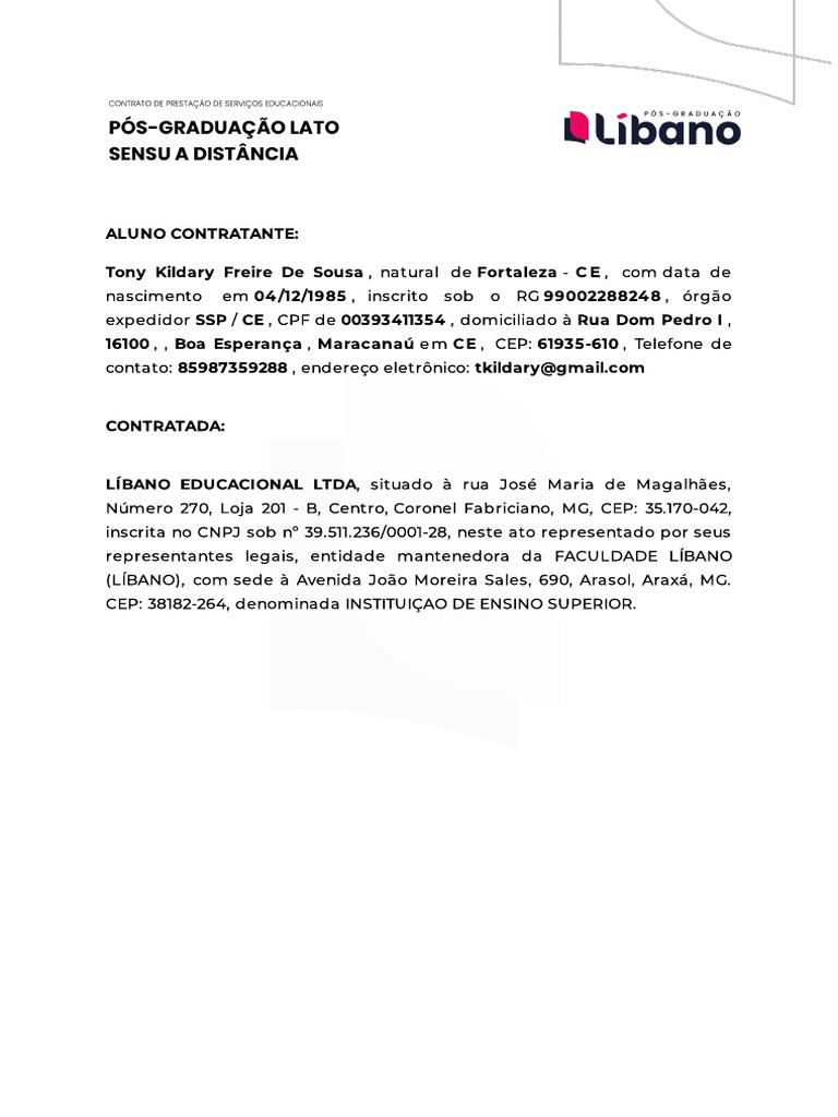 Contrato Líbano - Tony Kildary Freire de Sousa | PDF