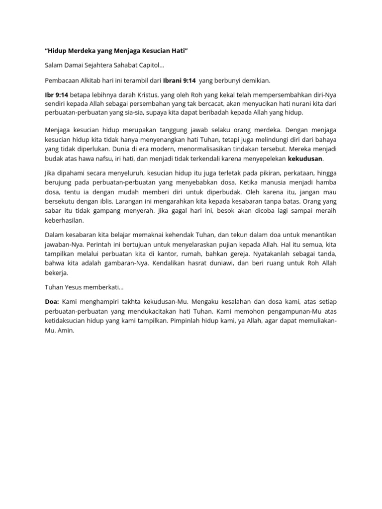 Kesucian Hati dalam Hidup Merdeka | PDF