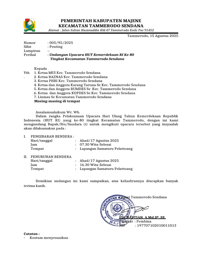 Undangan HUT RI Ke-80 Kecamatan Tammerodo | PDF