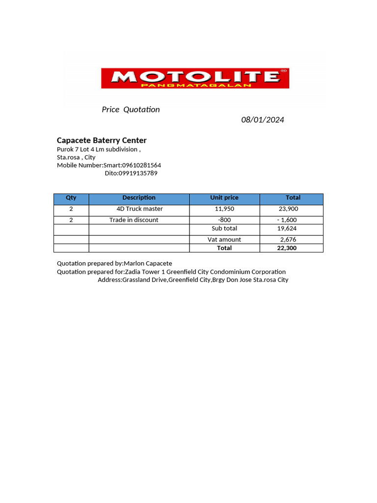 Quotation Motolite | PDF