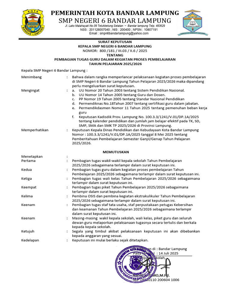 SK Pembagian Tugas 2025-2026 Ganjil-2 | PDF