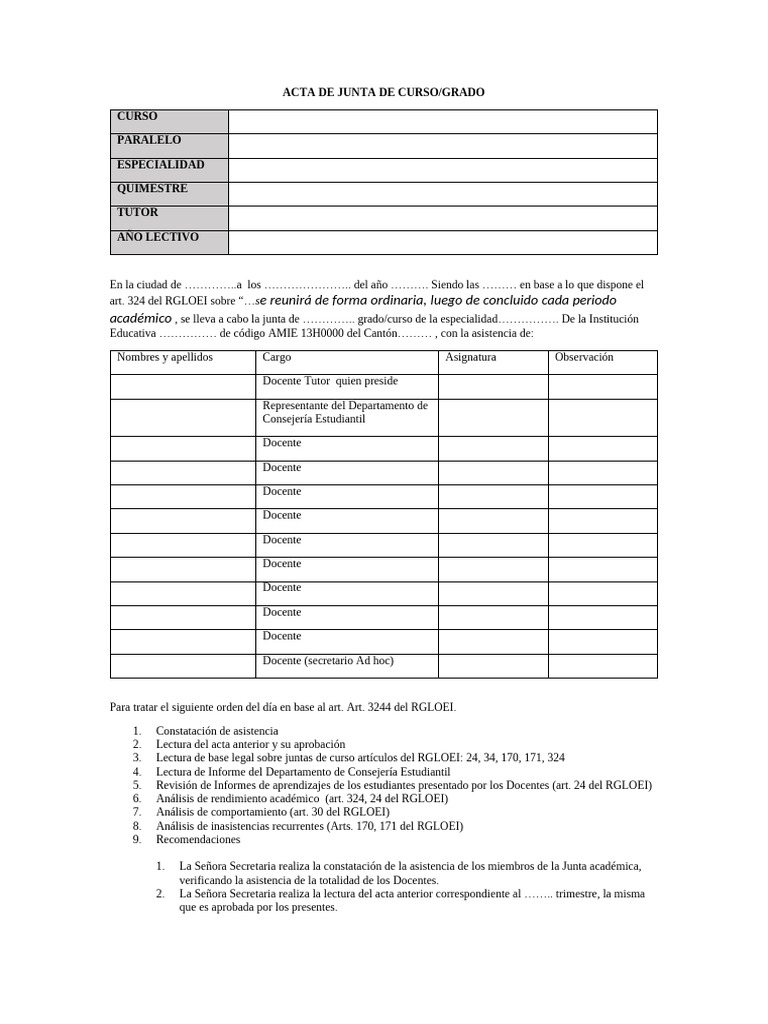 Formato Sugerido Acta de Junta de Curso | PDF | Maestros | Aprendizaje
