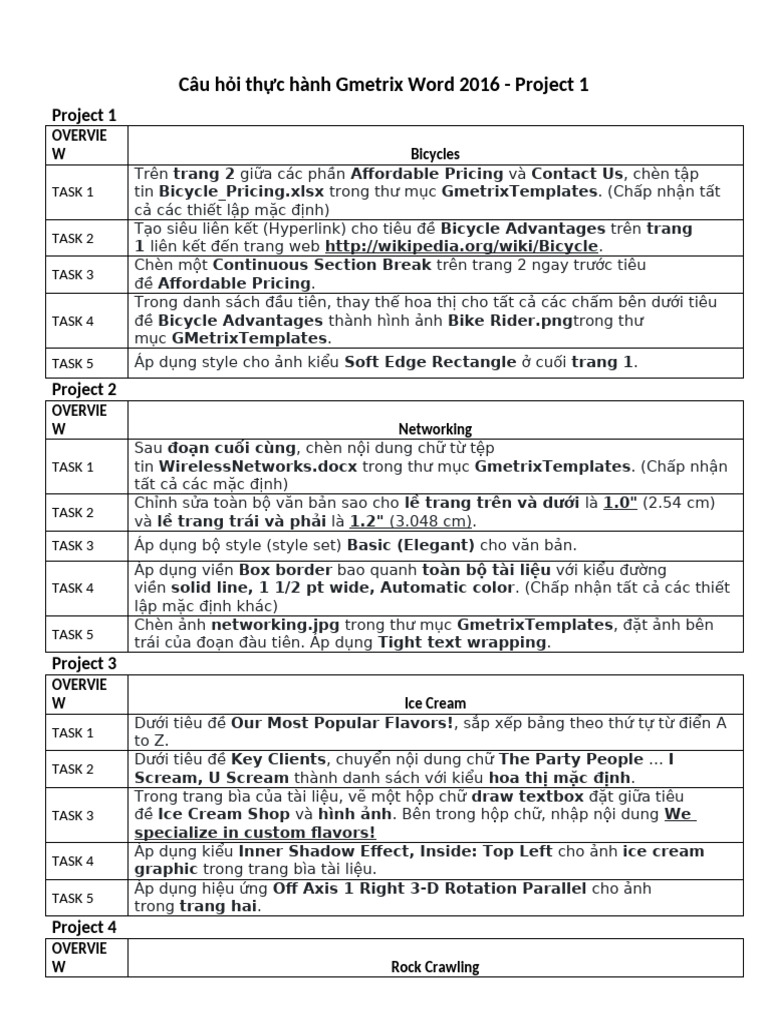 Câu Hỏi Thực Hành Gmetrix Word 2016 | PDF