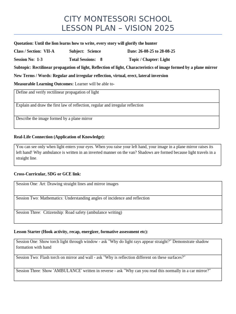 Grade VII Science Lesson Plan: Light | PDF | Reflection (Physics) | Mirror