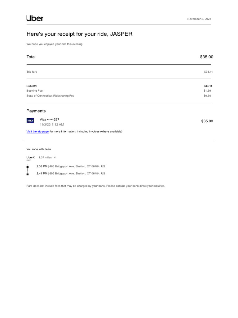 UberX Ride Receipt for Jasper | PDF | Public Transport