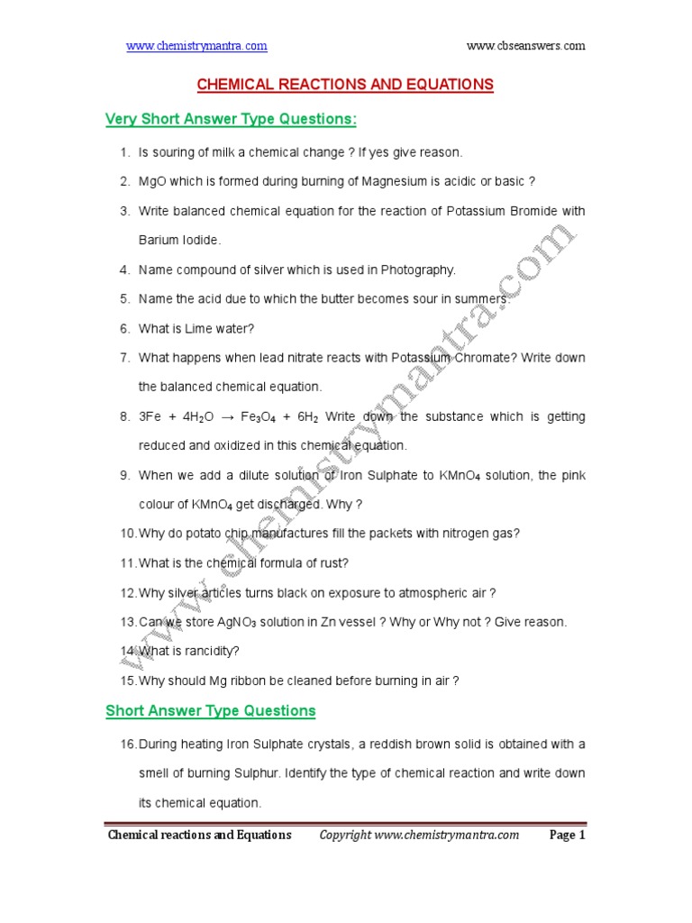 Very Short Answer Type Questions:: Chemical Reactions and Equations ...