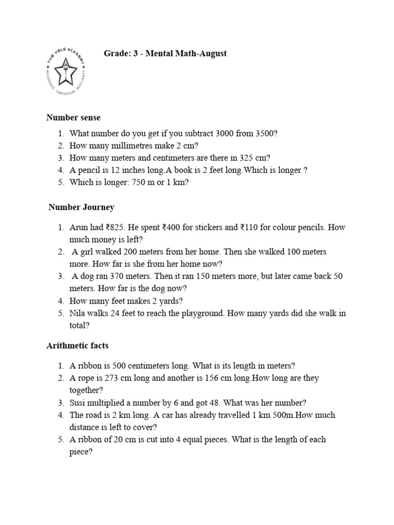 Grade - 3 - Mental Math-25.08.25 | PDF