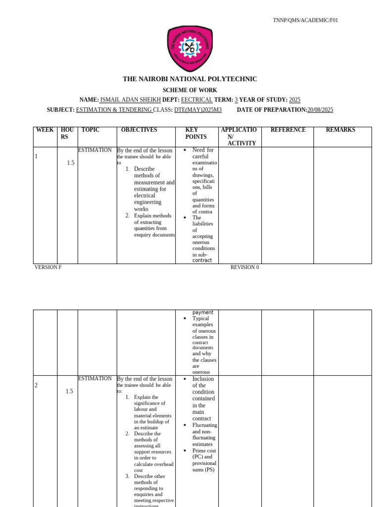 Estimation & Tendering Course Outline | PDF