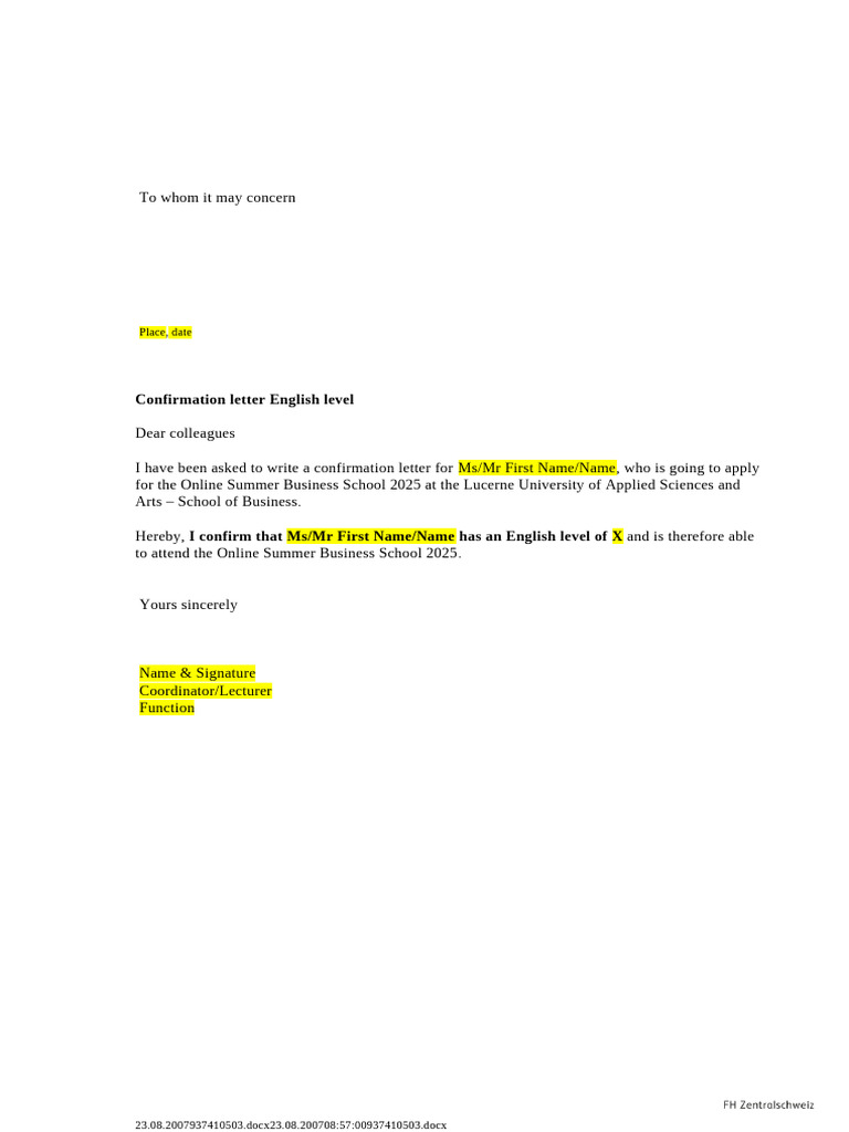 Template English Level Confirmation | PDF