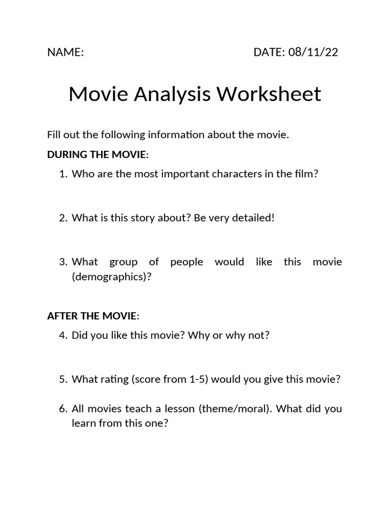 Movie Analysis Worksheet Template | PDF
