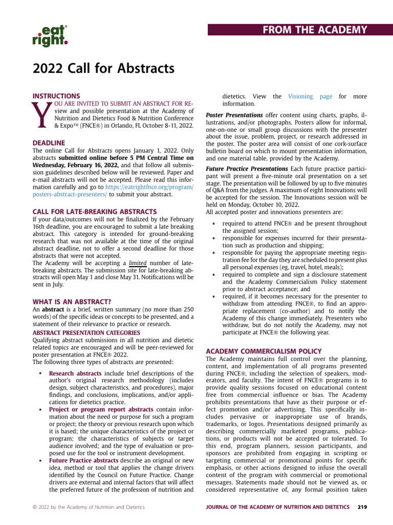 2022 Call For Abstracts Jand | PDF | Abstract (Summary) | Dietitian