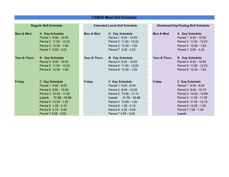 CSNHS West Bell Schedule Overview | PDF