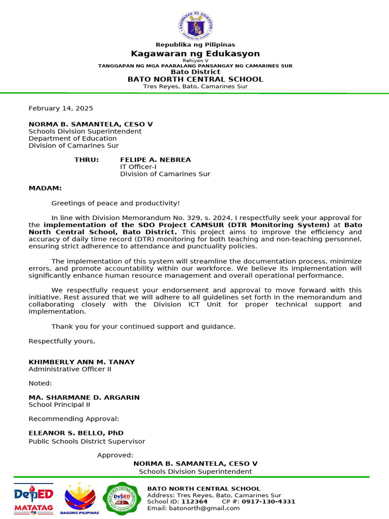 Letter Request For The Implementation of Sdo Project DTR | PDF