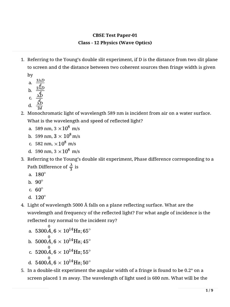 CBSE Class 12 Physics Wave Optics Test | PDF | Wavelength | Light