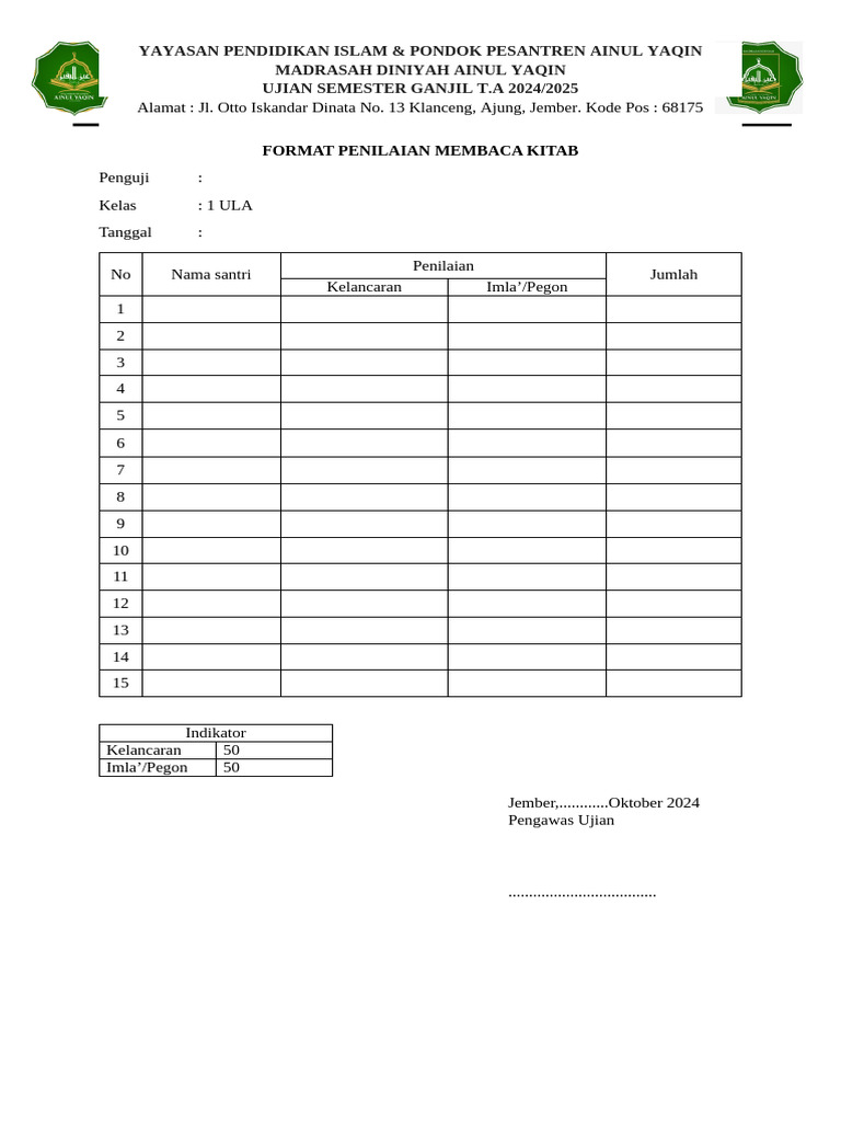 Format Penilaian Praktek Membaca Kitab & Fiqih Praktek | PDF