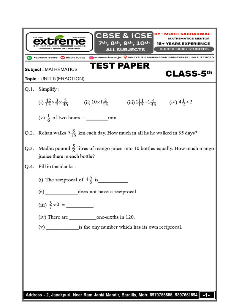 Fraction Class 5 | PDF