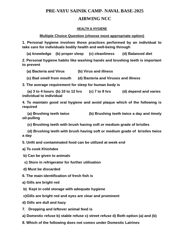 Personal Hygiene Quiz for NCC Camp 2025 | PDF | Hygiene | Oral Hygiene