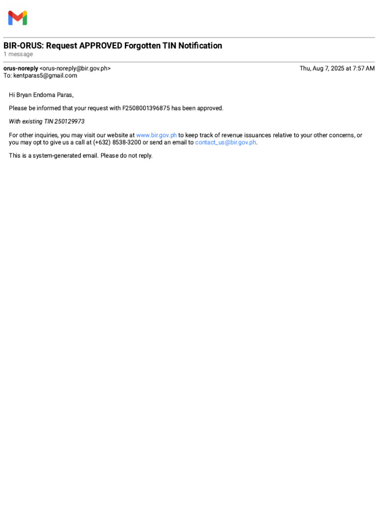 Gmail - BIR-OrUS - Request APPROVED Forgotten TIN Notification | PDF