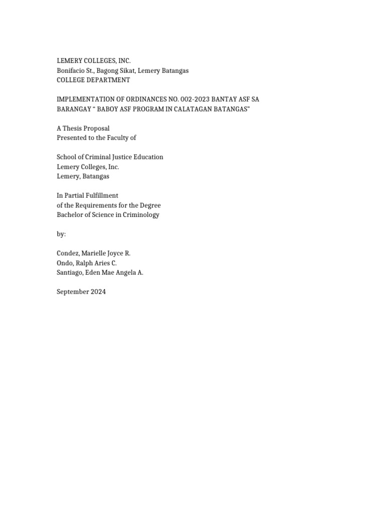 ASF Program Thesis Proposal in Batangas | PDF