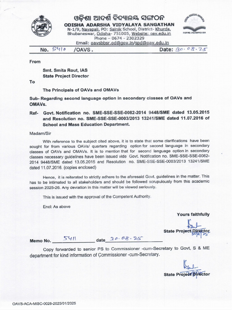 5410 Regarding Second Language Option in Secondary Classes of OAVS and ...