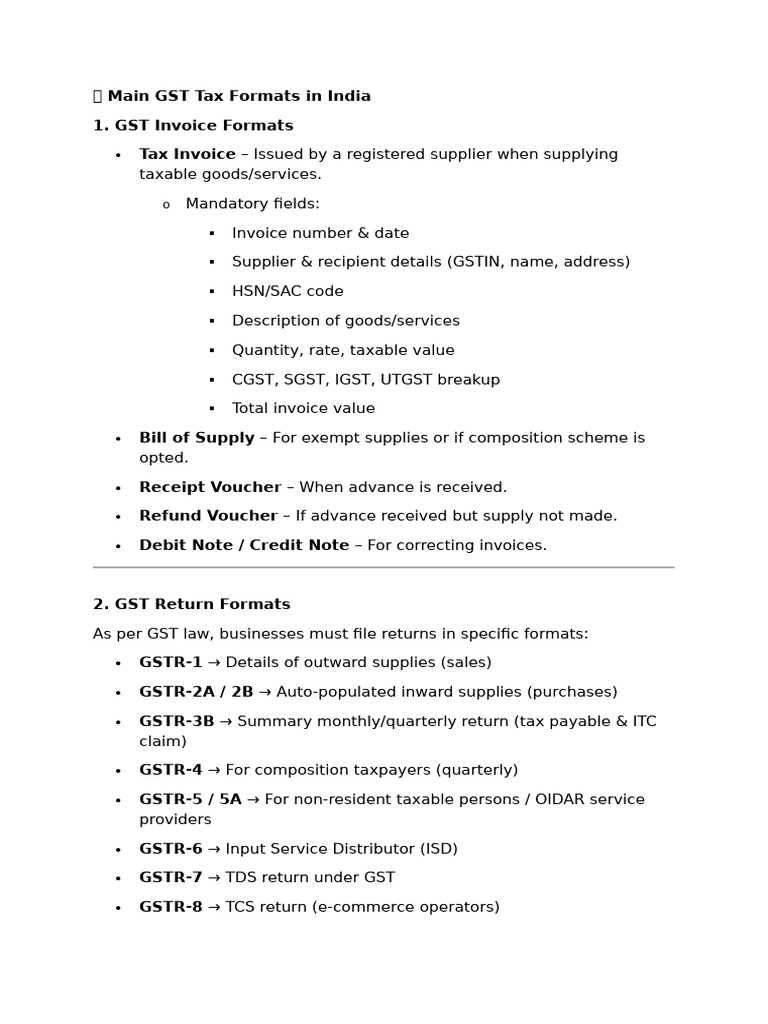 Key GST Tax Formats in India | PDF