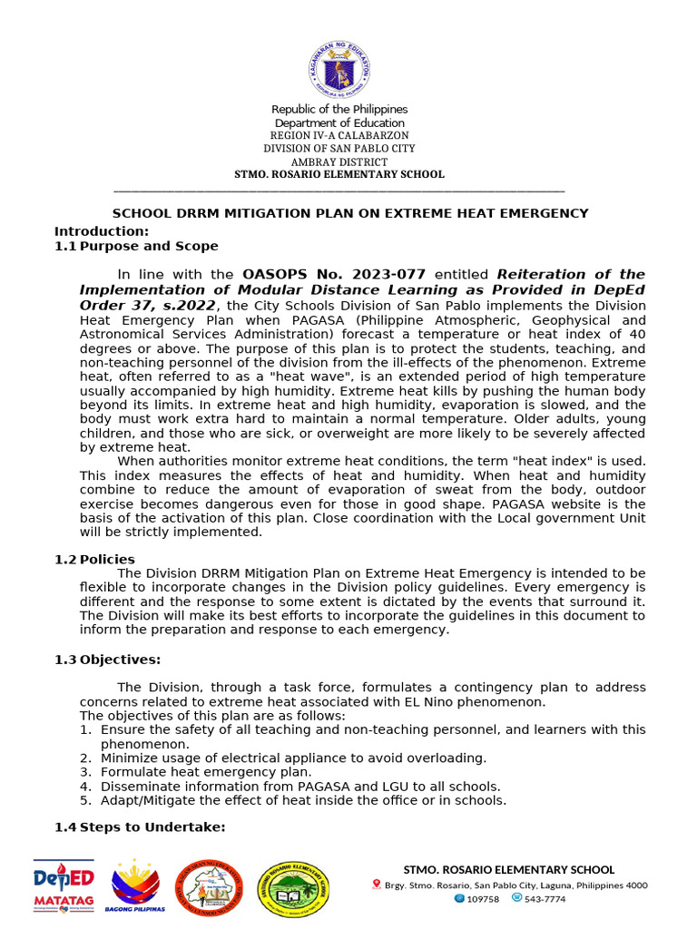 Heat Emergency Plan S.Y 2023-2024 SRES | PDF | Hyperthermia