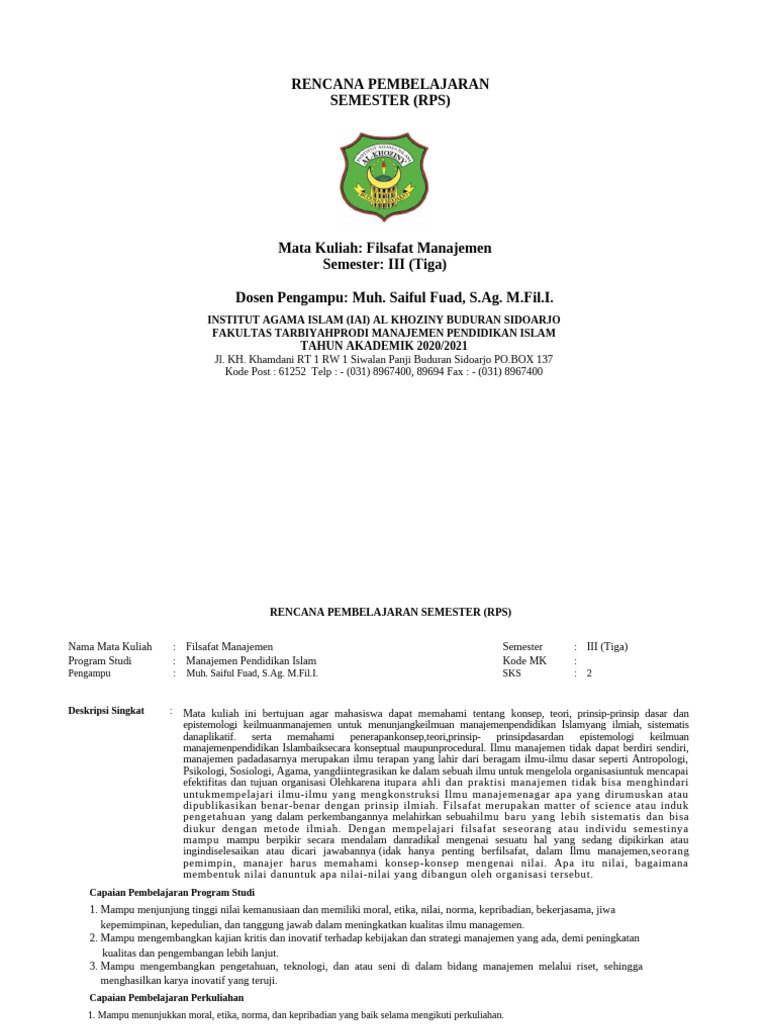 Rps-Filsafat Manajemen Mpi SMT III 2020-2021 | PDF
