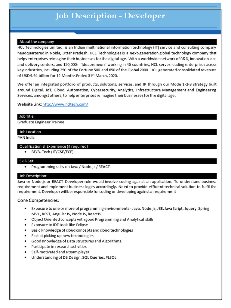 HCL Get JD Developer | PDF