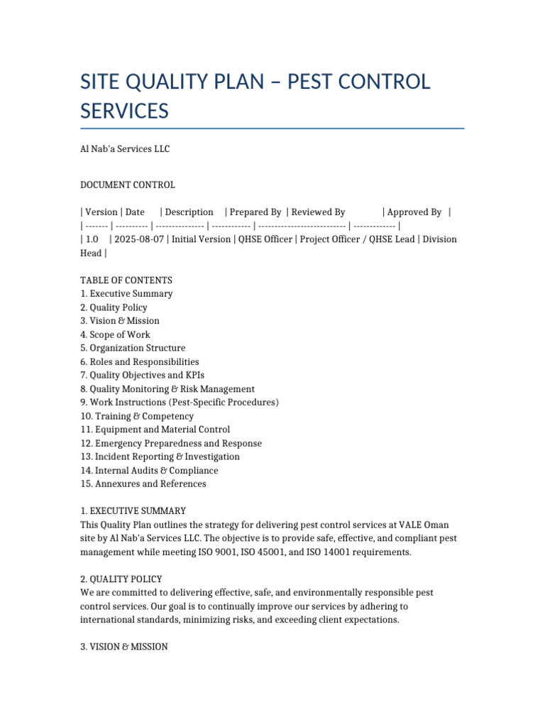 Pest Control Quality Plan Overview | PDF | Pest Control | Pest (Organism)