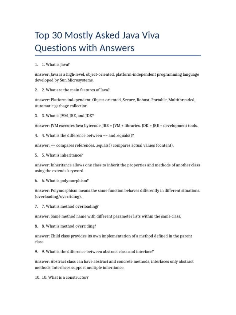 Java Viva Top 30 Questions | PDF | Class (Computer Programming ...