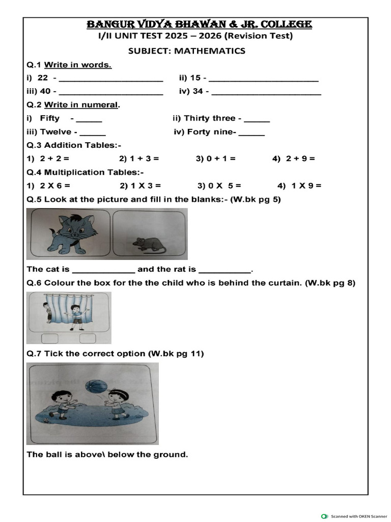 Mathematics STD 1 Practise Questions | PDF