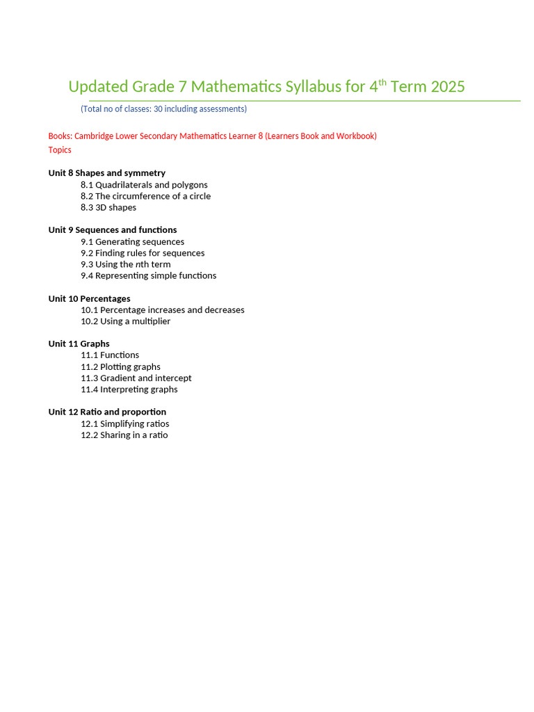 Grade 7 Math Syllabus Update 2025 | PDF