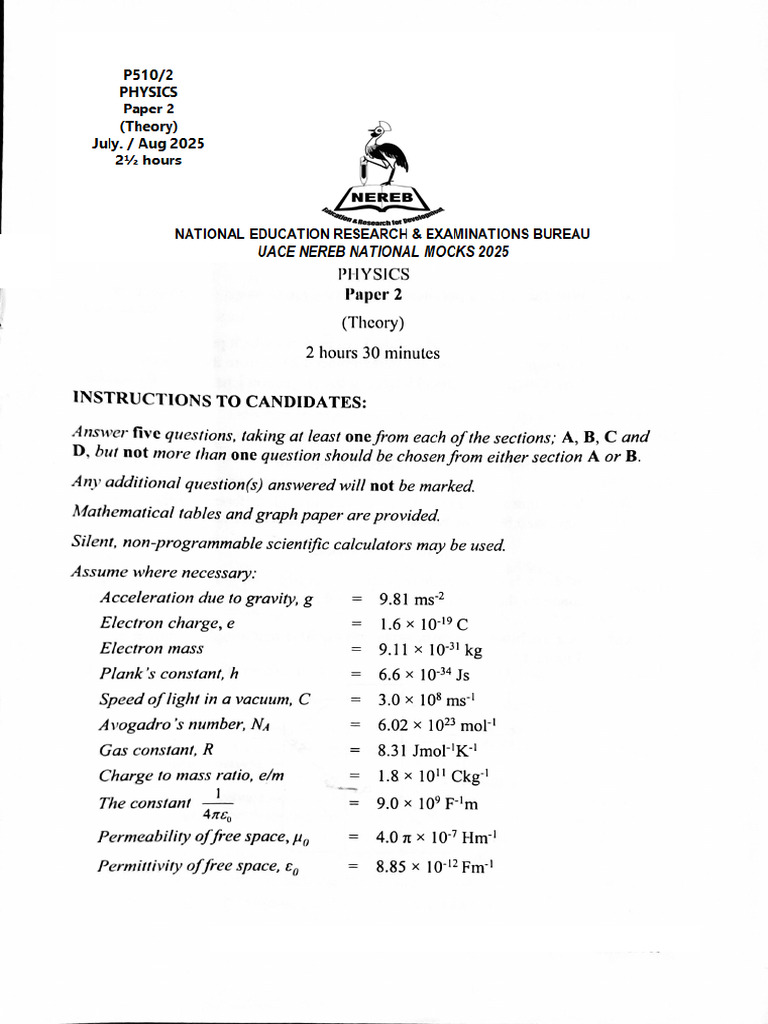 s6 Physics Paper 2 Nereb Mocks 2025 | PDF