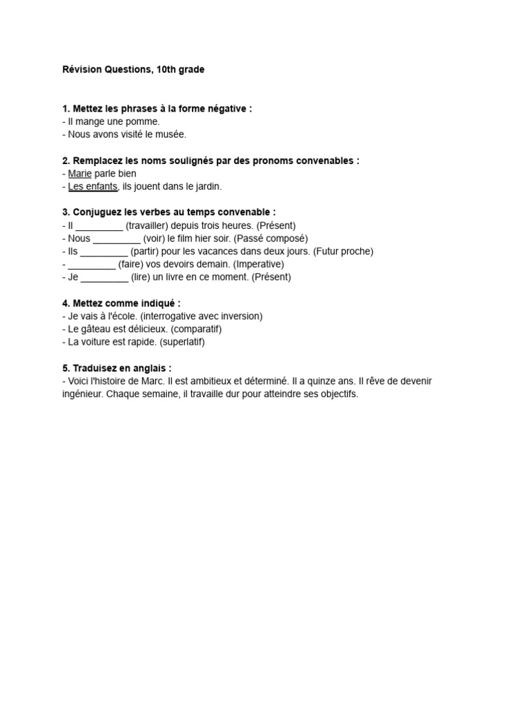 Révision de grammaire 10e année | PDF