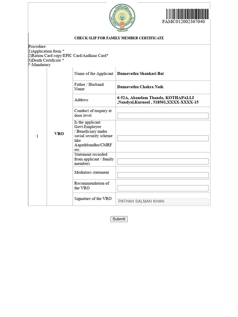 Family Member Certificate Check Slip | PDF