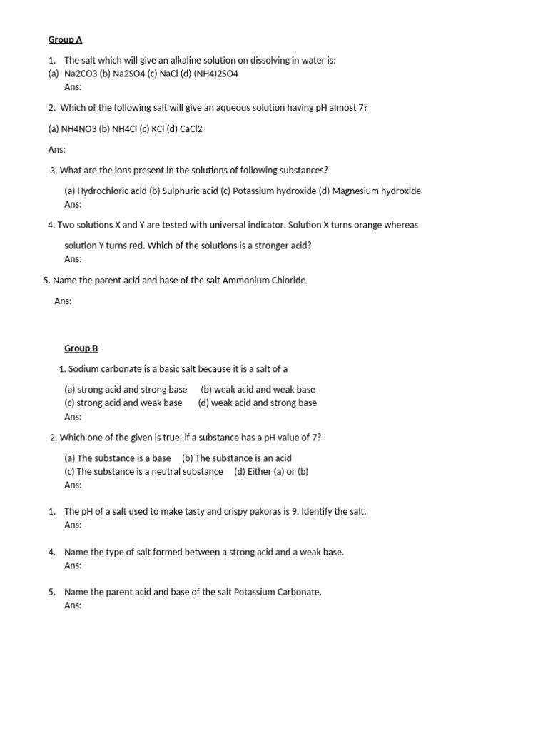 Class 10 Worksheet_24!6!25 | PDF | Sodium Chloride | Acid