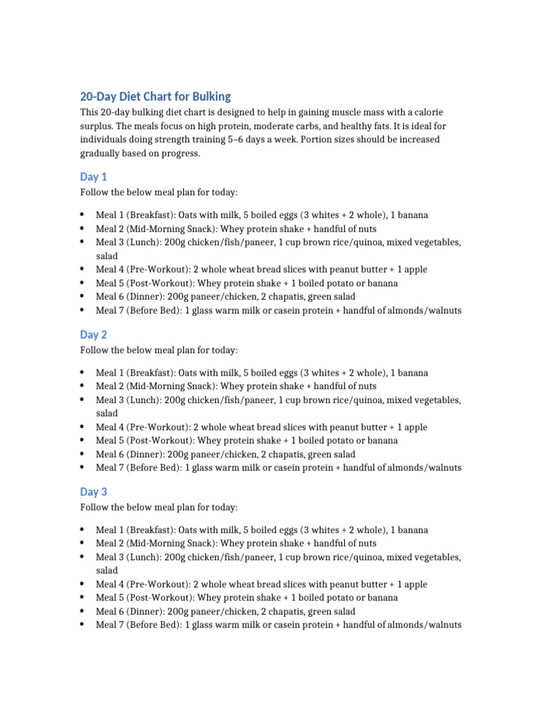 Bulking Diet Chart 20 Days | PDF | Lunch | Meal