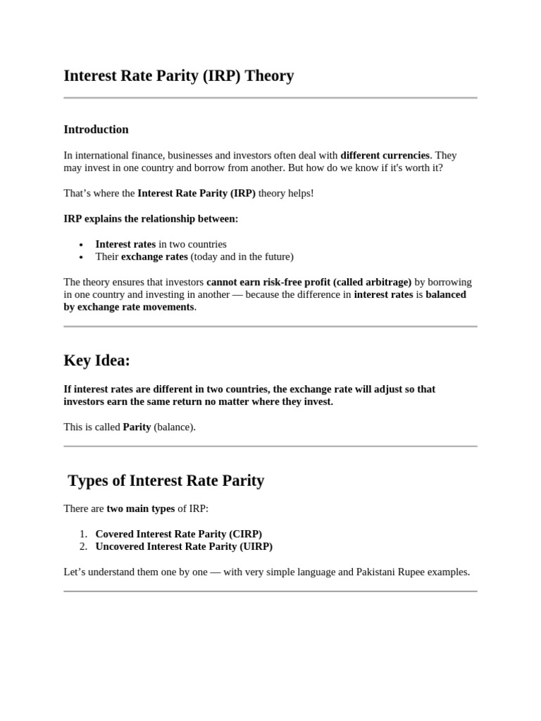 Interest Rate Parity Theory | PDF | Interest | Exchange Rate