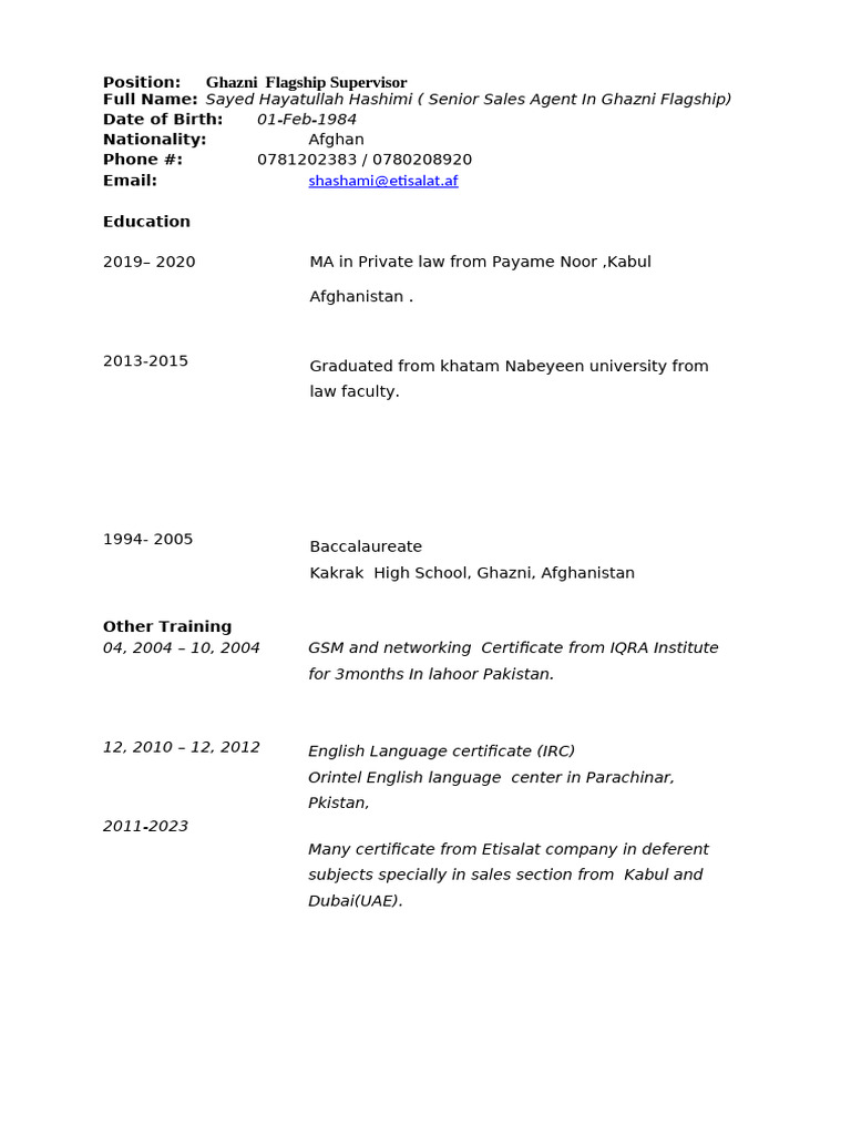 Ghazni Flagship Supervisor CV | PDF